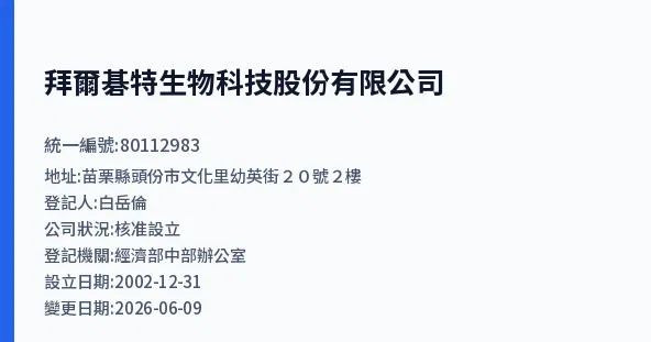 拜爾碁特生物科技股份有限公司的照片-統編 80112983(苗栗縣) 公司登記資料與營業項目詳細圖表