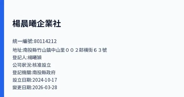 楊晨曦企業社的照片-統編 80114212(南投縣) 公司登記資料與營業項目詳細圖表