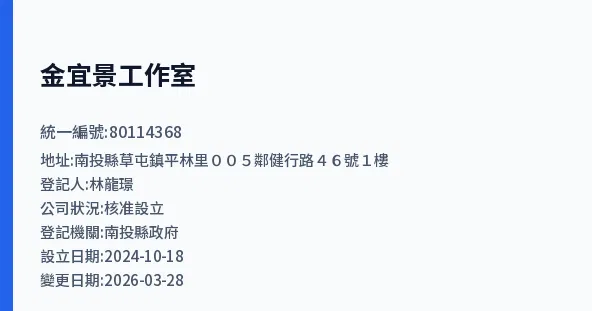金宜景工作室的照片-統編 80114368(南投縣) 公司登記資料與營業項目詳細圖表