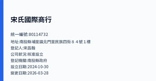 宋氏國際商行的照片-統編 80114732(南投縣) 公司登記資料與營業項目詳細圖表
