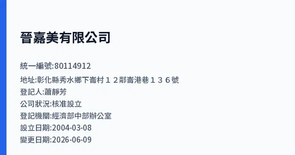 晉嘉美有限公司的照片-統編 80114912(彰化縣) 公司登記資料與營業項目詳細圖表