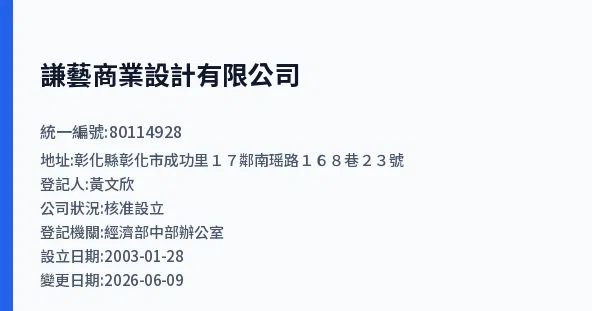 謙藝商業設計有限公司的照片-統編 80114928(彰化縣) 公司登記資料與營業項目詳細圖表