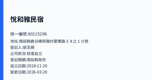 悅和雅民宿的照片-統編 80115296(南投縣) 公司登記資料與營業項目詳細圖表
