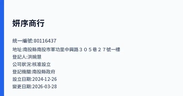 妍序商行的照片-統編 80116437(南投縣) 公司登記資料與營業項目詳細圖表