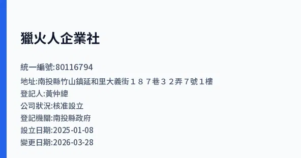 獵火人企業社的照片-統編 80116794(南投縣) 公司登記資料與營業項目詳細圖表
