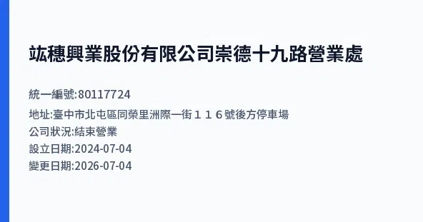 竑穗興業股份有限公司崇德十九路營業處的照片-統編 80117724(臺中市) 公司登記資料與營業項目詳細圖表