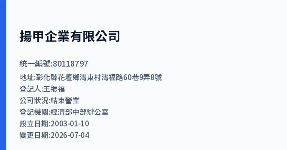 揚甲企業有限公司的照片-統編 80118797(彰化縣) 公司登記資料與營業項目詳細圖表
