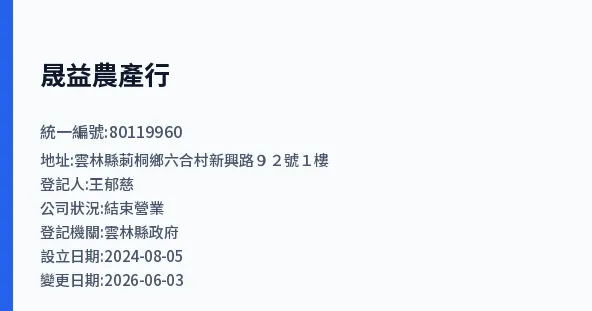 晟益農產行的照片-統編 80119960(雲林縣) 公司登記資料與營業項目詳細圖表
