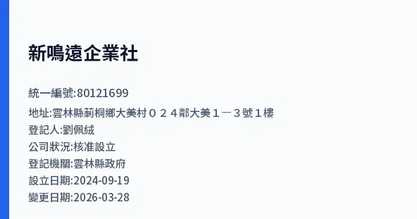 新鳴遠企業社的照片-統編 80121699(雲林縣) 公司登記資料與營業項目詳細圖表