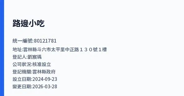 路邊小吃的照片-統編 80121781(雲林縣) 公司登記資料與營業項目詳細圖表