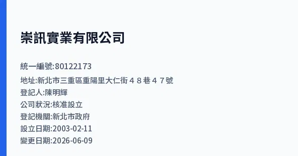 崇訊實業有限公司的照片-統編 80122173(新北市) 公司登記資料與營業項目詳細圖表