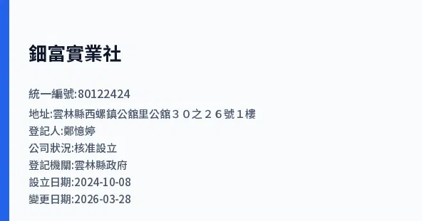 鈿富實業社的照片-統編 80122424(雲林縣) 公司登記資料與營業項目詳細圖表