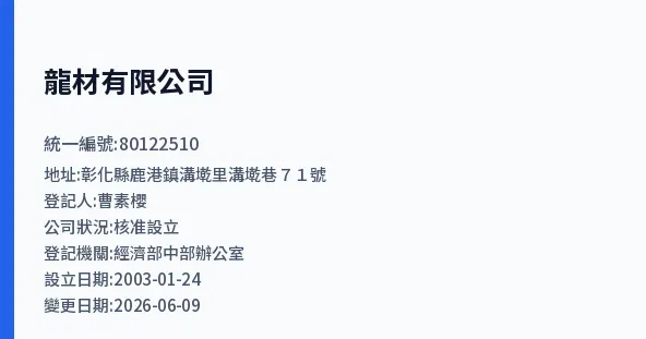 龍材有限公司的照片-統編 80122510(彰化縣) 公司登記資料與營業項目詳細圖表