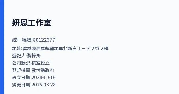 妍恩工作室的照片-統編 80122677(雲林縣) 公司登記資料與營業項目詳細圖表