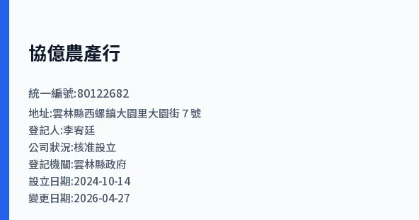 協億農產行的照片-統編 80122682(雲林縣) 公司登記資料與營業項目詳細圖表