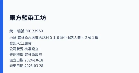 東方藍染工坊的照片-統編 80122959(雲林縣) 公司登記資料與營業項目詳細圖表