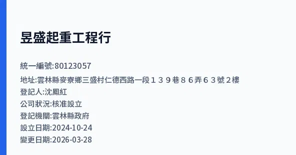昱盛起重工程行的照片-統編 80123057(雲林縣) 公司登記資料與營業項目詳細圖表