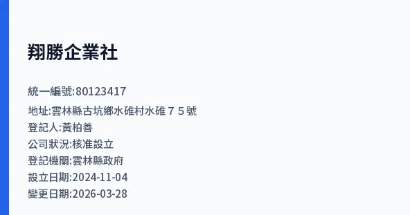 翔勝企業社的照片-統編 80123417(雲林縣) 公司登記資料與營業項目詳細圖表