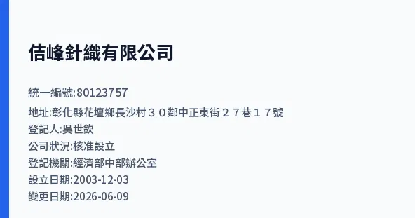 佶峰針織有限公司的照片-統編 80123757(彰化縣) 公司登記資料與營業項目詳細圖表