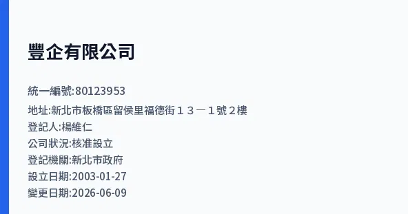 豐企有限公司的照片-統編 80123953(新北市) 公司登記資料與營業項目詳細圖表