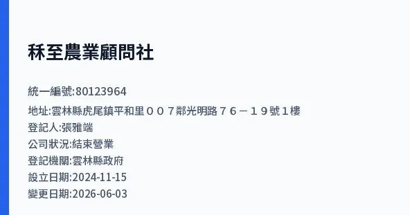 秝至農業顧問社的照片-統編 80123964(雲林縣) 公司登記資料與營業項目詳細圖表