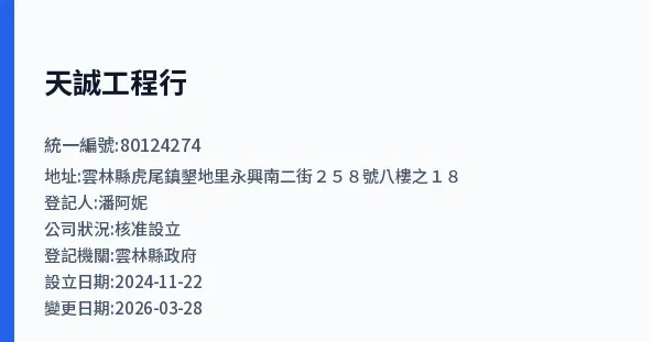 天誠工程行的照片-統編 80124274(雲林縣) 公司登記資料與營業項目詳細圖表