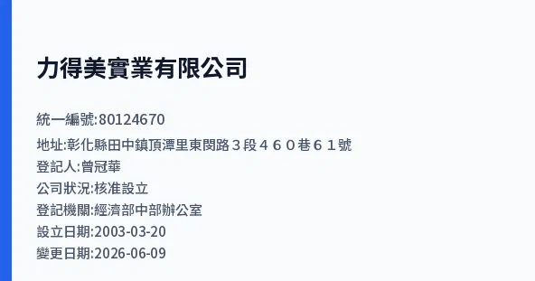力得美實業有限公司的照片-統編 80124670(彰化縣) 公司登記資料與營業項目詳細圖表
