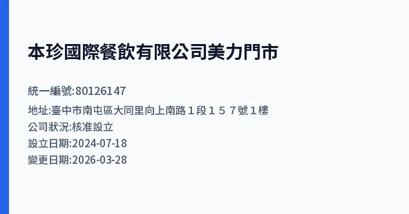本珍國際餐飲有限公司美力門市的照片-統編 80126147(臺中市) 公司登記資料與營業項目詳細圖表