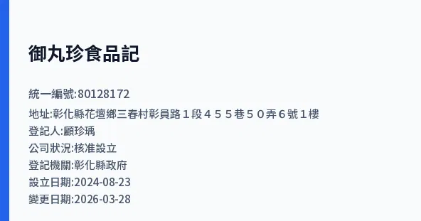 御丸珍食品記的照片-統編 80128172(彰化縣) 公司登記資料與營業項目詳細圖表