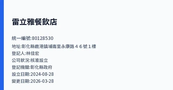 雷立雅餐飲店的照片-統編 80128530(彰化縣) 公司登記資料與營業項目詳細圖表
