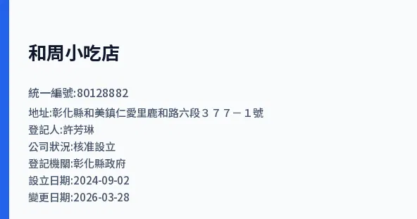 和周小吃店的照片-統編 80128882(彰化縣) 公司登記資料與營業項目詳細圖表