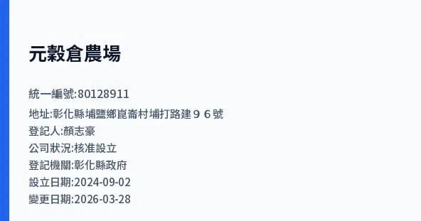 元穀倉農場的照片-統編 80128911(彰化縣) 公司登記資料與營業項目詳細圖表