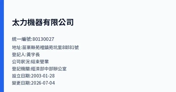 太力機器有限公司的照片-統編 80130027(苗栗縣) 公司登記資料與營業項目詳細圖表