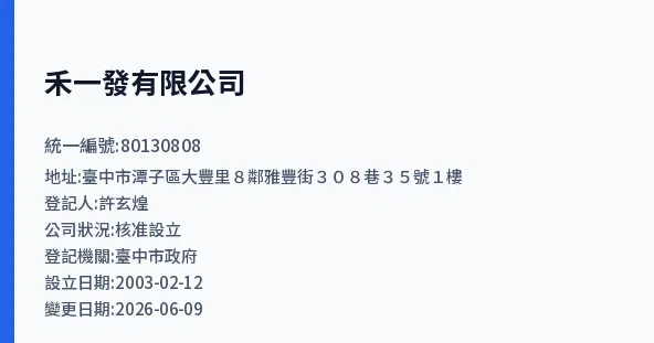 禾一發有限公司的照片-統編 80130808(臺中市) 公司登記資料與營業項目詳細圖表