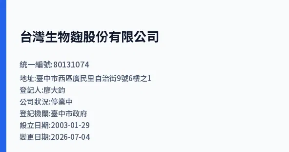 台灣生物麴股份有限公司的照片-統編 80131074(臺中市) 公司登記資料與營業項目詳細圖表