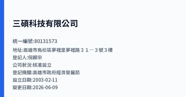 三碩科技有限公司的照片-統編 80131573(高雄市) 公司登記資料與營業項目詳細圖表