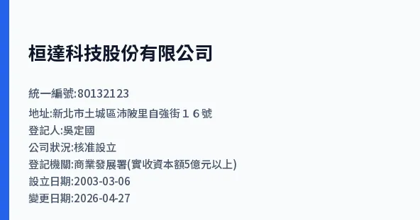 桓達科技股份有限公司的照片-統編 80132123(新北市) 公司登記資料與營業項目詳細圖表