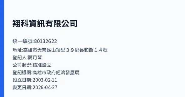翔科資訊有限公司的照片-統編 80132622(高雄市) 公司登記資料與營業項目詳細圖表