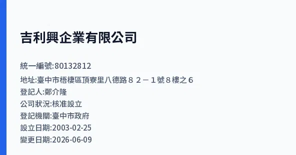 吉利興企業有限公司的照片-統編 80132812(臺中市) 公司登記資料與營業項目詳細圖表