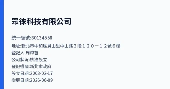 眾徠科技有限公司的照片-統編 80134558(新北市) 公司登記資料與營業項目詳細圖表