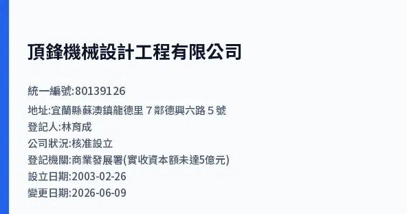 頂鋒機械設計工程有限公司的照片-統編 80139126(宜蘭縣) 公司登記資料與營業項目詳細圖表