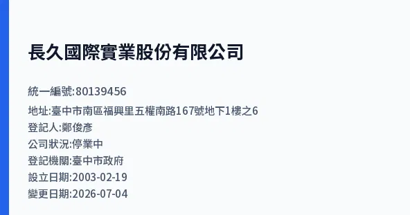 長久國際實業股份有限公司的照片-統編 80139456(臺中市) 公司登記資料與營業項目詳細圖表