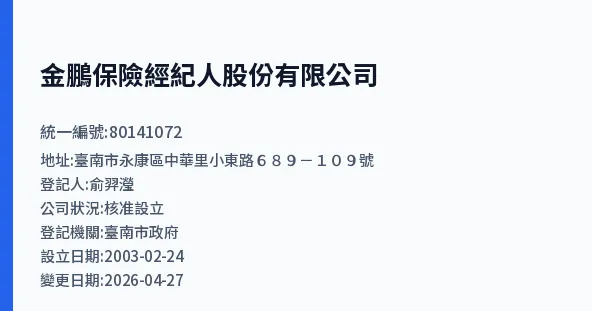 金鵬保險經紀人股份有限公司的照片-統編 80141072(臺南市) 公司登記資料與營業項目詳細圖表