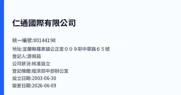 仁通國際有限公司的照片-統編 80144198(宜蘭縣) 公司登記資料與營業項目詳細圖表