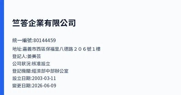 竺答企業有限公司的照片-統編 80144459(嘉義市) 公司登記資料與營業項目詳細圖表