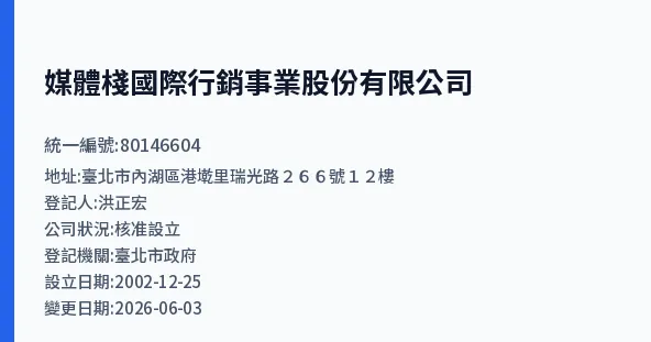 媒體棧國際行銷事業股份有限公司的照片-統編 80146604(臺北市) 公司登記資料與營業項目詳細圖表