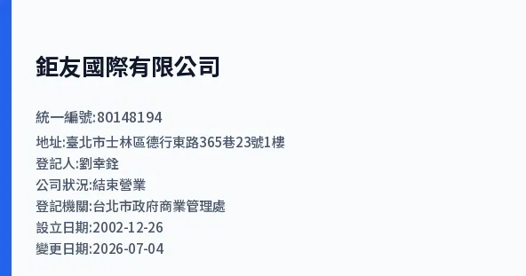 鉅友國際有限公司的照片-統編 80148194(臺北市) 公司登記資料與營業項目詳細圖表