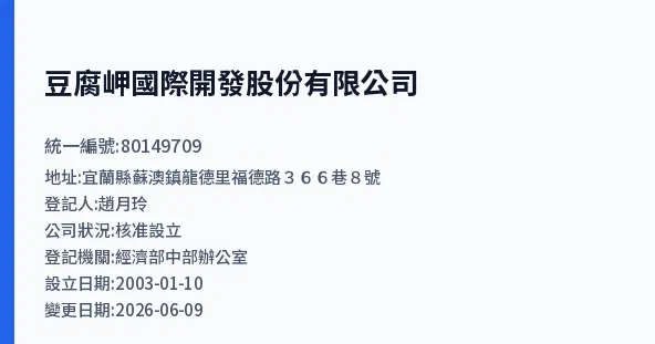 豆腐岬國際開發股份有限公司的照片-統編 80149709(宜蘭縣) 公司登記資料與營業項目詳細圖表