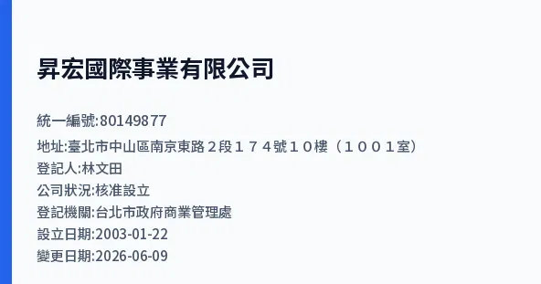 昇宏國際事業有限公司的照片-統編 80149877(臺北市) 公司登記資料與營業項目詳細圖表