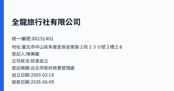 全龍旅行社有限公司的照片-統編 80151401(臺北市) 公司登記資料與營業項目詳細圖表